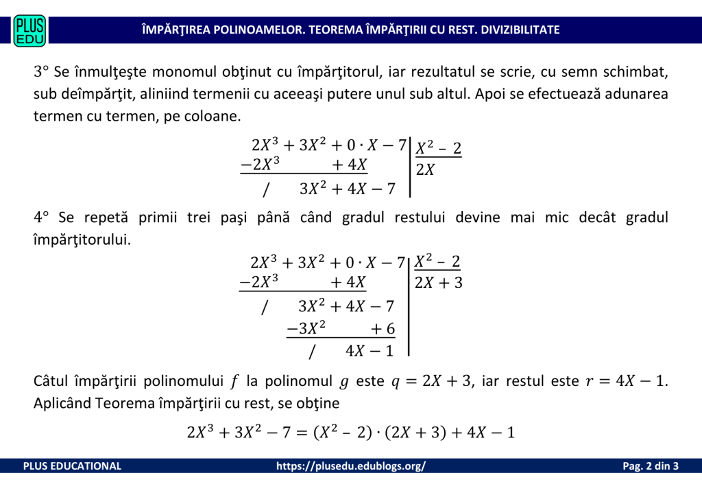 Împărţirea polinoamelor. Teorema împărţirii cu rest. Divizibilitate ...