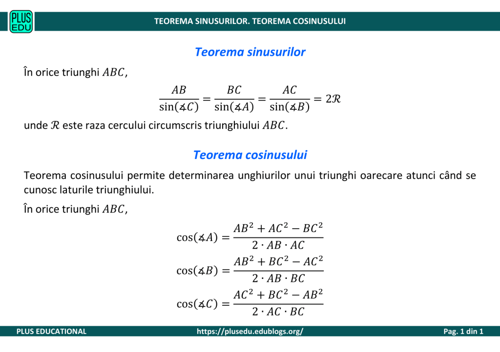 Teorema sinusurilor. Teorema cosinusului – Plus Educational